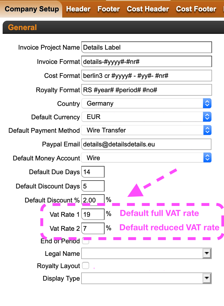 How to modify default VAT settings in Invoice Layouts – Details